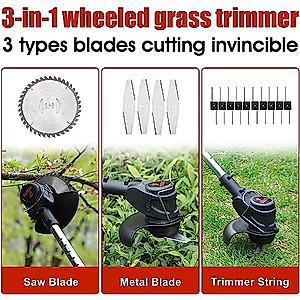 Weed Eater Electric Weed Wacker Battery Powered Lightweight 3 in 1 Small Push Lawn Mower Stringless Trimmer 3 Lawn Tools with Lightweight Wheeled for Home Garden Yard Mowing (Red)