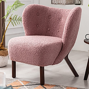ViolaDresses Modern Accent Chair Lambskin Sherpa Wingback Tufted Side Chair with Solid Wood Legs for Living Room Bedroom，Blush
