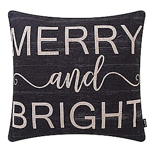 TRENDIN Christmas Farmhouse Black Merry and Bright Throw Pillow Cover 18x18 Inch Cotton Linen Square Decorative Winter Holiday Cushion Cover Xmas Pillowcase for Sofa Couch PL580TR