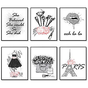 HoozGee Silver Gray Fashion Wall Art Girl Room Decor Makeup Room Artwork Prints Set of 6 Paris Perfume Flower Lipstick Canvas Art Posters Wall Decor for Bedroom (11"x14" UNFRAMED, Gray Pink)