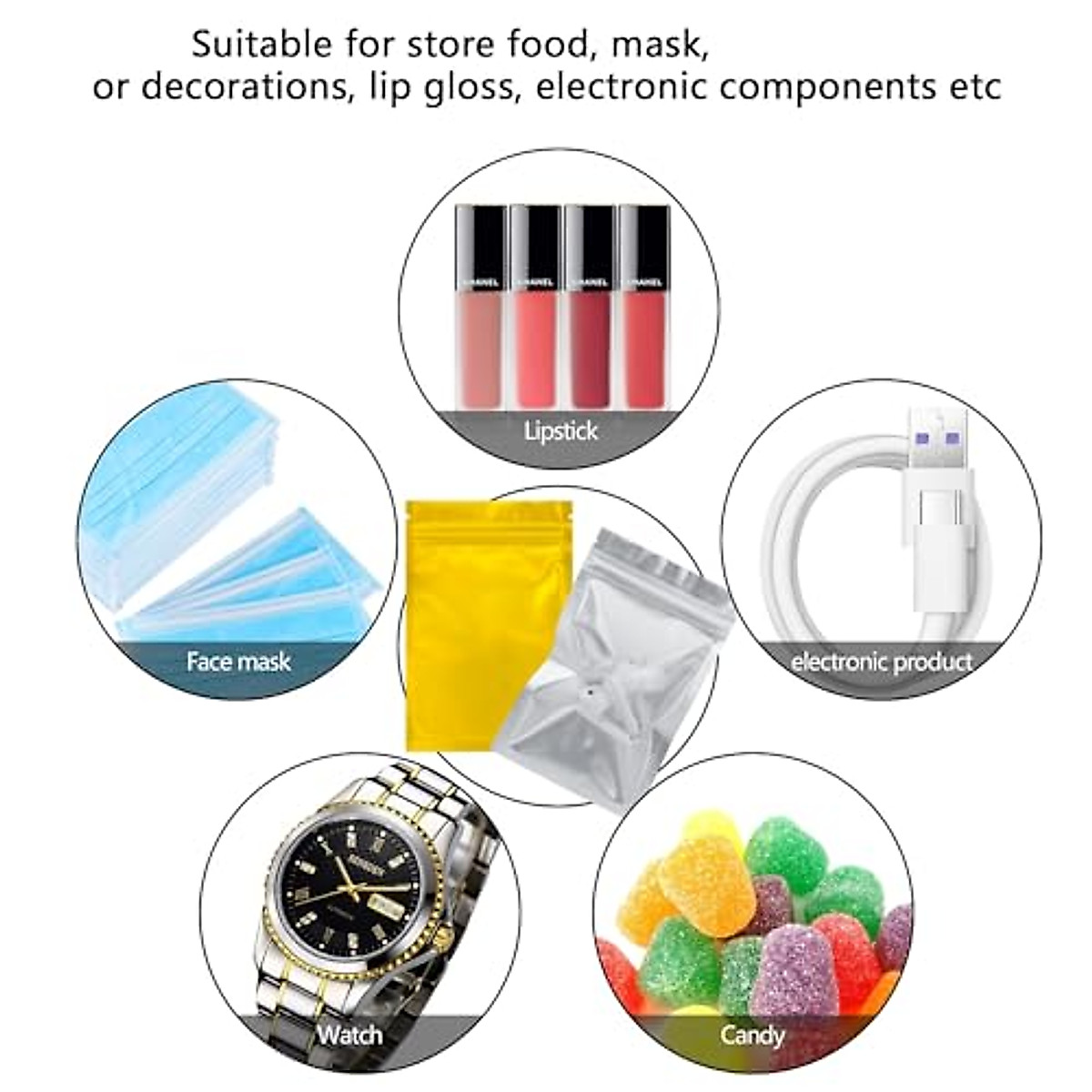 100 Pack Smell Proof Bags 3 x 4 Inch Resealable Mylar Bags Foil Pouch Flat Bag with Clear Window White