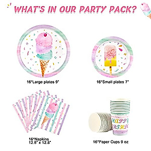 WERNNSAI Ice Cream Plates Napkins and Cups - Ice Cream and Popsicle Theme Party Supplies for Girls Birthday Disposable Tableware Dessert Plates Luncheon Napkins Serves 16 Guests 64PCS