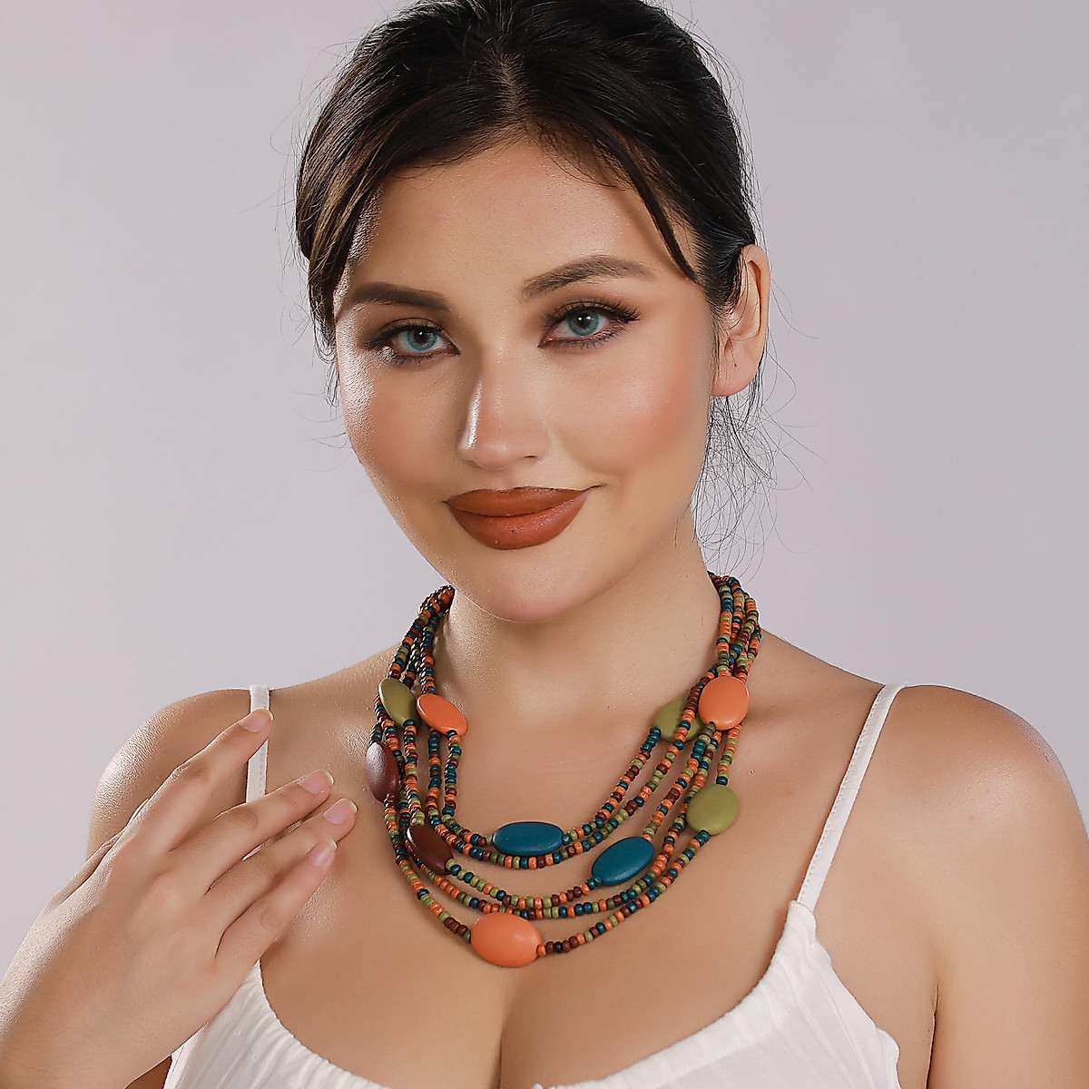 Coiris Bead Necklace for Women 5 Layers Strand Wooden Choker Necklaces for Women Chunky Statement Ethnic Bead Layered Bib Collar Necklace Hip Hop Jewelry (N0019)