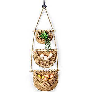 Lawei 3 Tier Hanging Fruit Basket, Wall Hanging Vegetable Fruit Baskets Cotton Woven Storage Baskets for Organizing, BOHO Wall Basket Decor, Over the Door Organizer for Kitchen, Bedroom, Bathroom