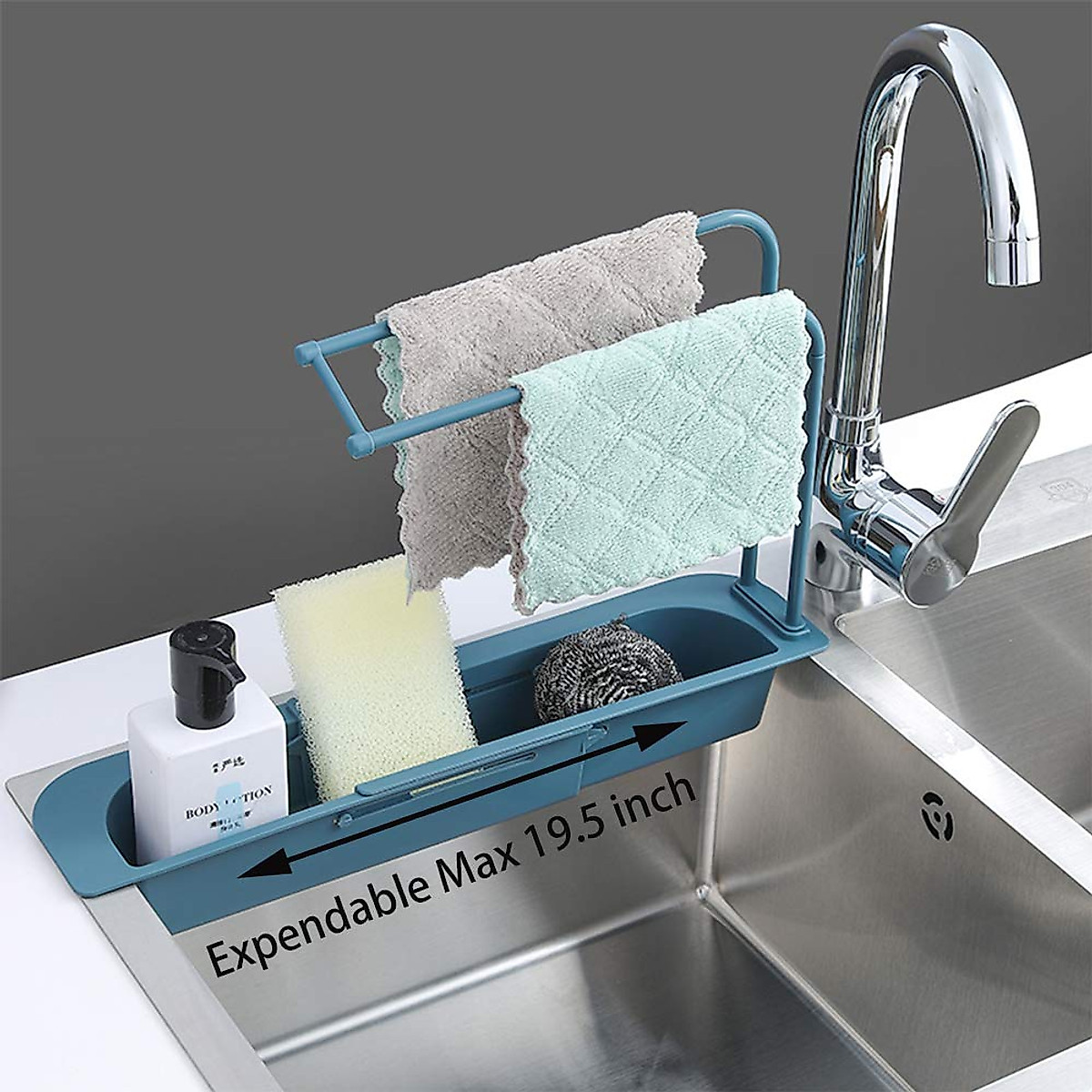 Kitchen Sink Organizer,Telescopic Sink Holder, Expandable Dish Caddy Sponge Soap Drying Rack, Drain Basket Tray Caddy Shelf Organizer Scrubber and Adjustable Hanger with Towel Bar