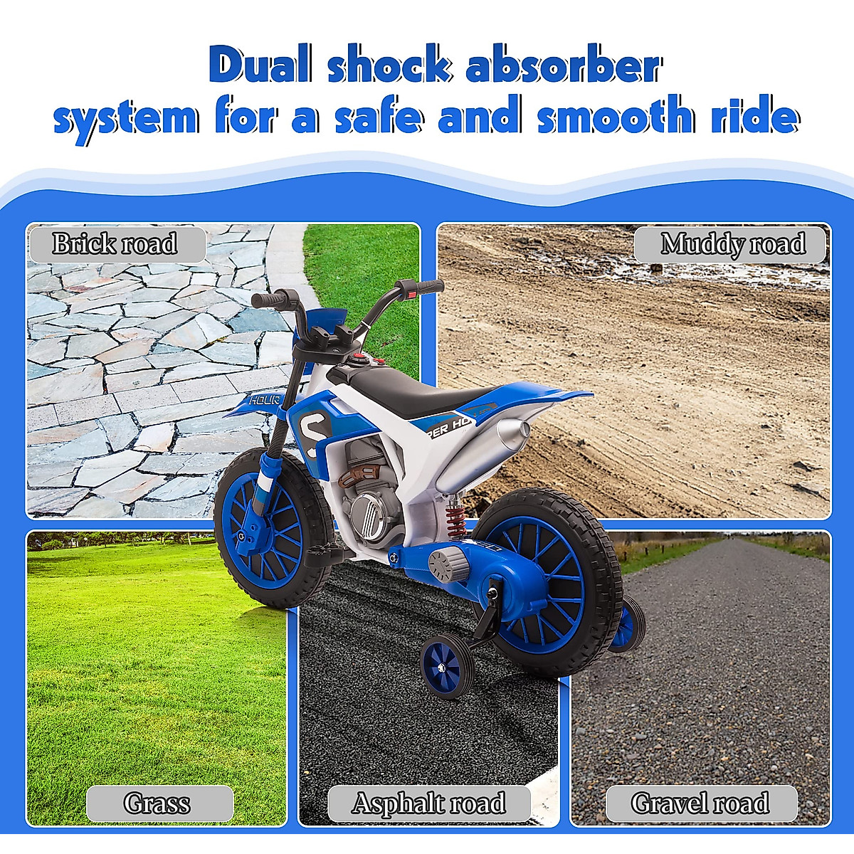 TOBBI Kids Motorcycle Dirt Bike 12V Electric Motorcycles Ride on Toys Battery Powered Motorbike Off-Road Motocross for Toddler Boys Girls 3+Years w/ 2 Speeds, 35W Dual Motors, Training Wheels, Blue