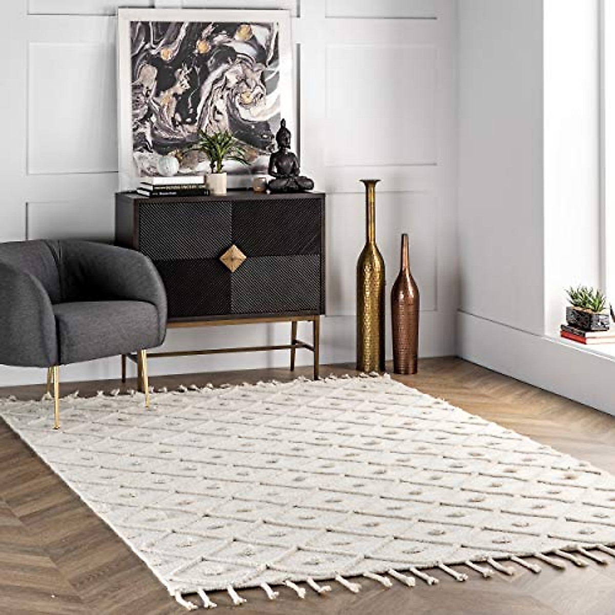 nuLOOM Jinny Moroccan Wool Tasseled Area Rug, 3' x 5', Ivory