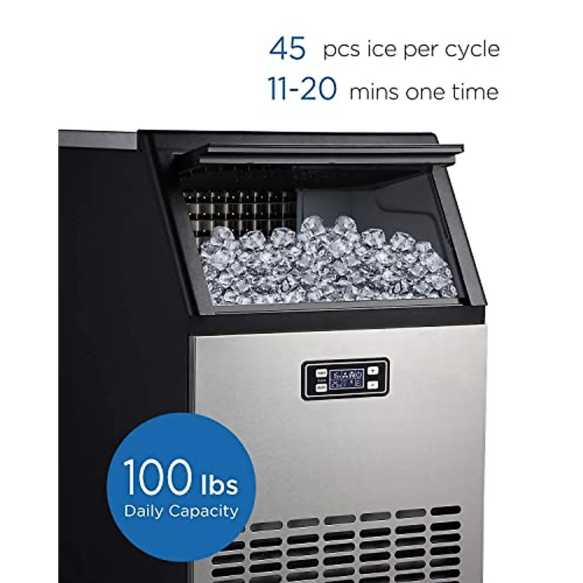 Northair Commercial Ice Maker, Built-In Stainless Steel Ice Machine, 100LBS/24H, Free-Standing Design for Party Gathering, Restaurant, Bar, Coffee Shop w/Ice Shovel, Hose