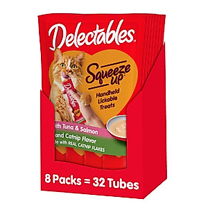 Delectables Squeeze Up Creamy Squeezable Puree, Lickable Wet Cat Treats, Grain Free, No Added Fillers, No By-Products, No Added Preservatives, 0.5 Ounces Tube Tuna & Salmon with Catnip, 32 Tubes Total