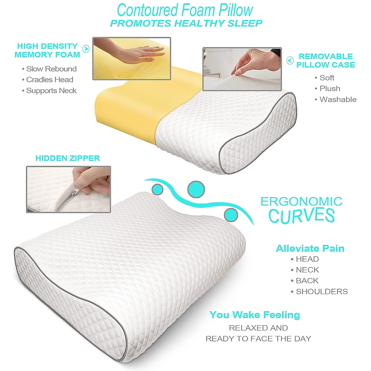 Memory Foam Cervical Neck Pillow - Back, Stomach, and Side Sleeper Pillow for Neck and Shoulder Pain Relief and Snoring Reduction - Orthopedic Neck Support Pillow with Breathable Cover