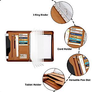 Deziliao 3-Ring Padfolio Portfolio Binder Organizer, Document Organizer Folio, 10.4 Inch PU Leather Business Portfolio with Zipper, Business Planner Notebook Organizer for Women/Men（Brown）