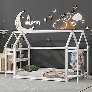 ROCKINGRUN Twin Size Wood House Bed,Wood Platform Bed with Storage Shelves and Hanger,Floor Twin Size Montessori Bed Frame, Kids Boys Girls Bedroom,Living Room,No Box Spring Required,White
