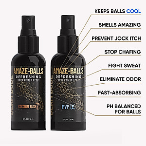 Derm Dude Amaze Balls Deodorant & Anti Chafing Sack & Groin Spray for Men | Formulated with All-Natural DeoPlex for Odor Control | With Refreshing Aloe Vera - MVP & Coconut Rush Scent Bundle, (2 Pack)