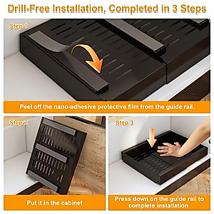 2Pc Pull out Cabinet Organizer,Slide out Drawer with 3 Rails,16"D,Expandable(12.1"-20"W) Peel and Stick Pull out Drawers for Kitchen,No Screw Adjustable Cabinet Drawer,Pantry Roll out Shelves,No Drill