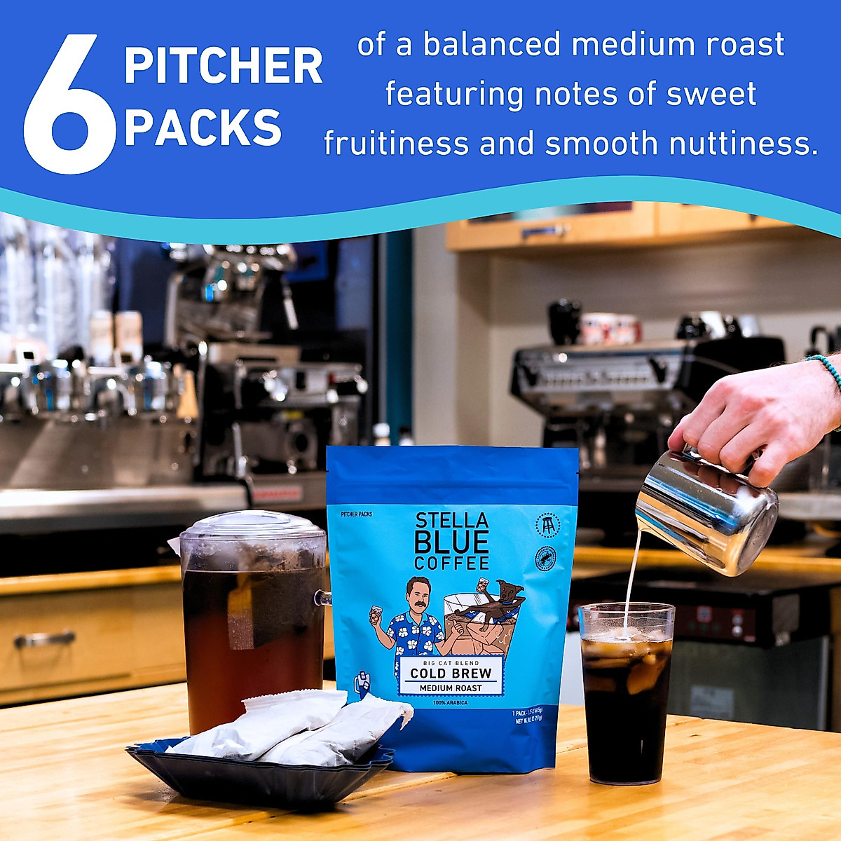 STELLA BLUE Fresh Cold Brew Coffee | Big Cat Blend | 100% Arabica MEDIUM Roast | Enriching Caramel & Hazelnut Notes & Sweet Fruitiness | Cold Brew for True Fanatics | 6 Packets to Make 24 Cups