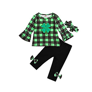 Infant Toddler Baby Girl St Patrick's Day Outfits Ruffle Sleeve Plaid Top Green Clover Blouse Bowknot Pants Set (Green, 4-5 Years)