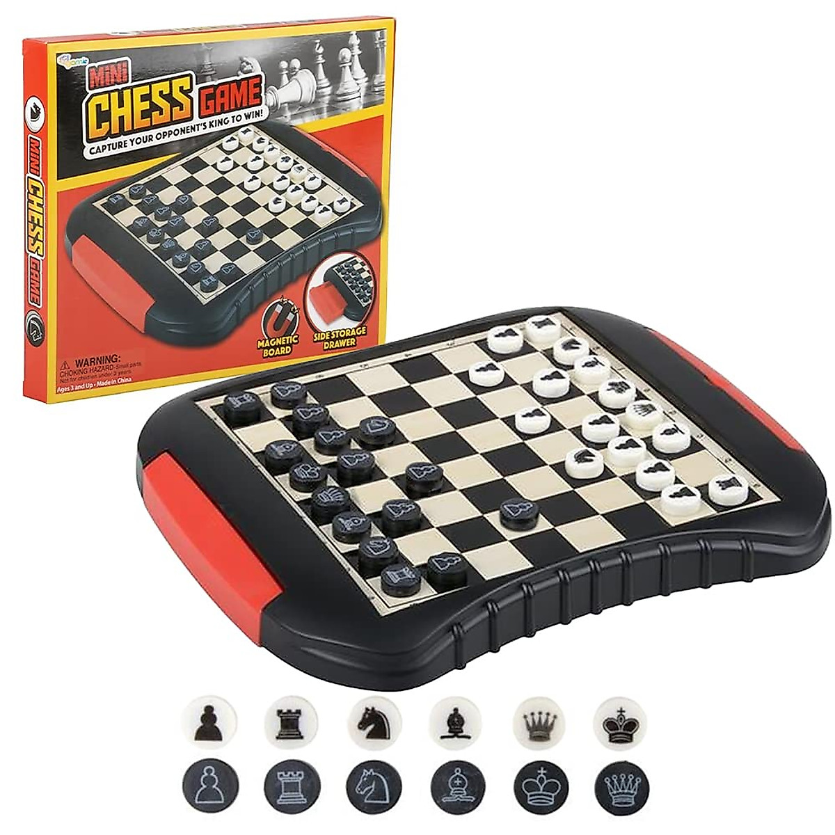 Gamie Mini Chess Game, Magnetic Chess Board with Side Storage Drawers, Mini Chess Board Set for Kids and Adults, Entertaining Road Trip Toys, Travel Games, and Desktop Toys for Adults