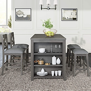 Bellemave 5 Pieces Counter Height Dining Table Set for 4,Rustic Farmhouse Wooden Bar Table Set with 3-Tier Shelf, 2 Stools and 2 Chairs for Kitchen Dining Room(Grey)