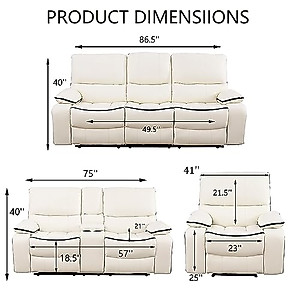 GEBADOL Manual Leather Sofa Set, Living Room Furniture Set,Leather Recliner Couch Set for Living Room/Apartment/Office(Sofa+Loveseat+Chair, 3 Pieces Leather Couch Set) Cream White