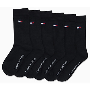 Tommy Hilfiger Unisex Kids' Athletic Socks - Cushioned Crew Socks (6 Pack), Size Medium, Black