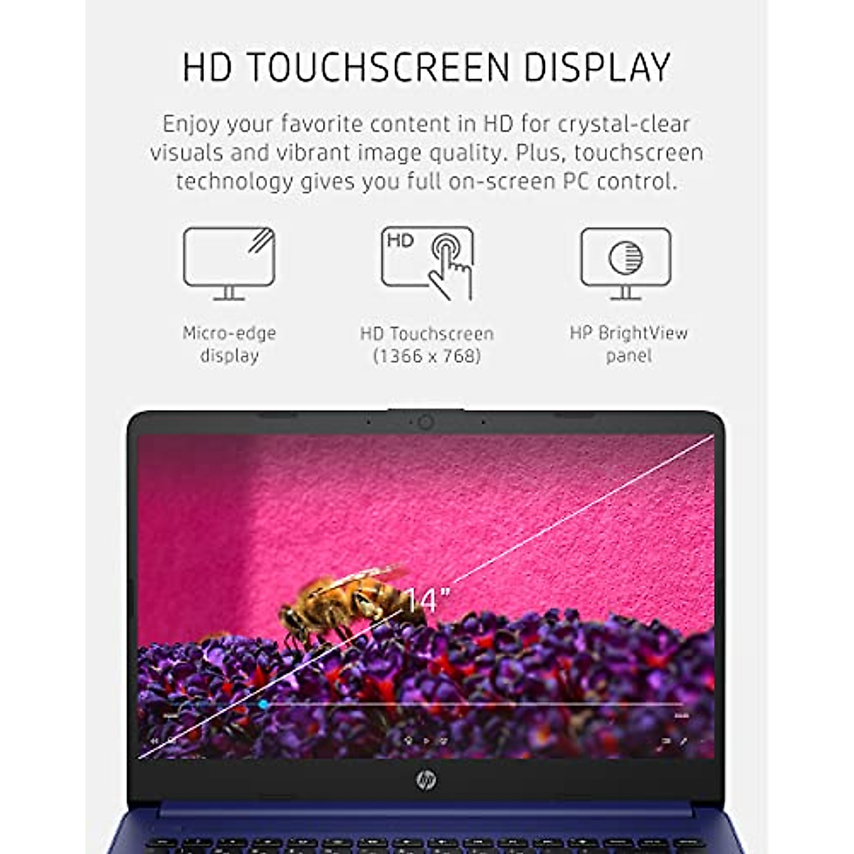 HP 14 Laptop, Intel Celeron N4020, 4 GB RAM, 64 GB Storage, 14-inch HD Touchscreen, Windows 10 Home, Thin & Portable, 4K Graphics, One Year of Microsoft 365 (14-dq0050nr, 2021, Indigo Blue)