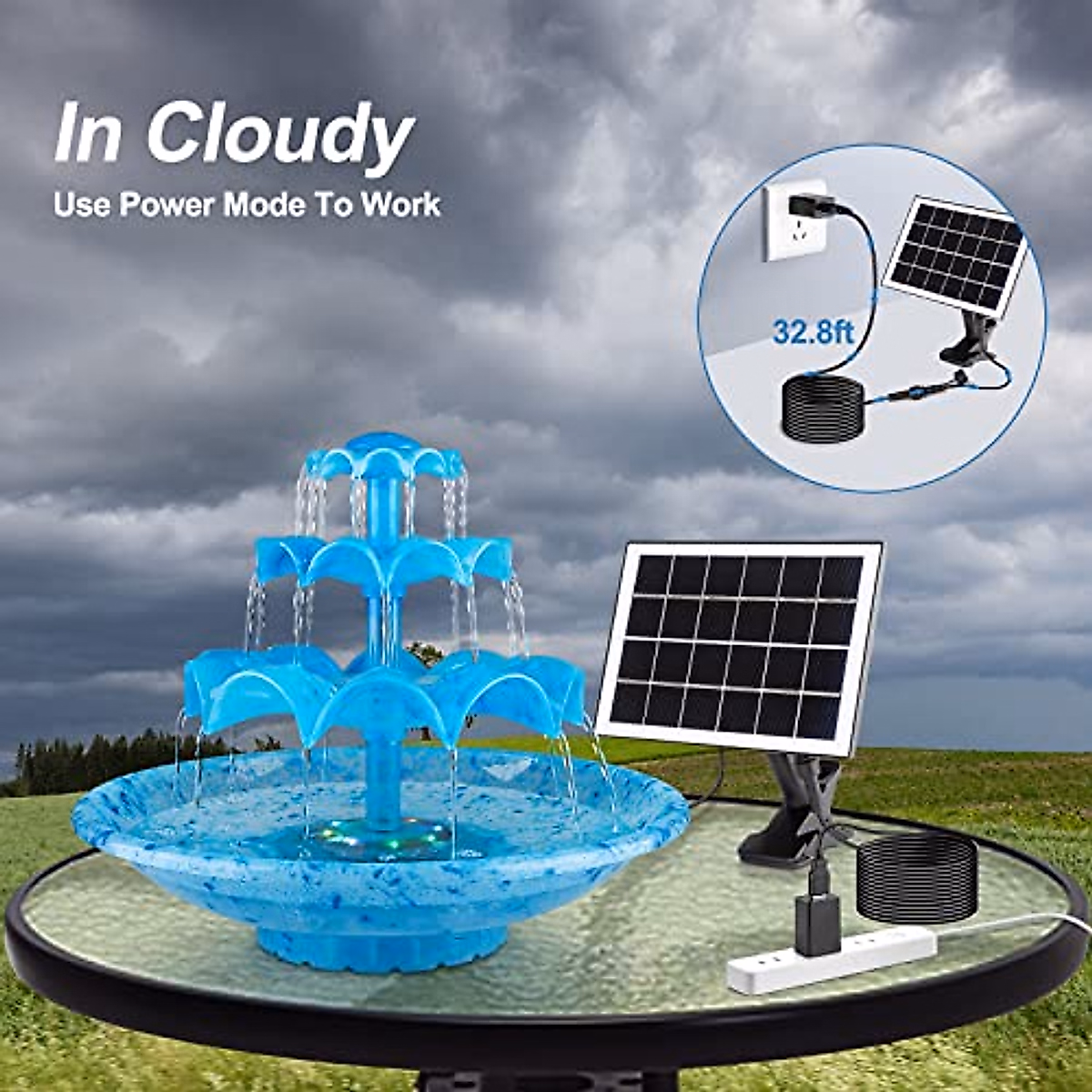 Mademax 3 Tier DIY Solar Fountain with 24-Hours Working and Lights, Upgrade 3.5W Solar and Electric Pump, Solar Powered Bird Bath Fountain Water Feature for Bird Bath, Garden, Balcony, Outdoor