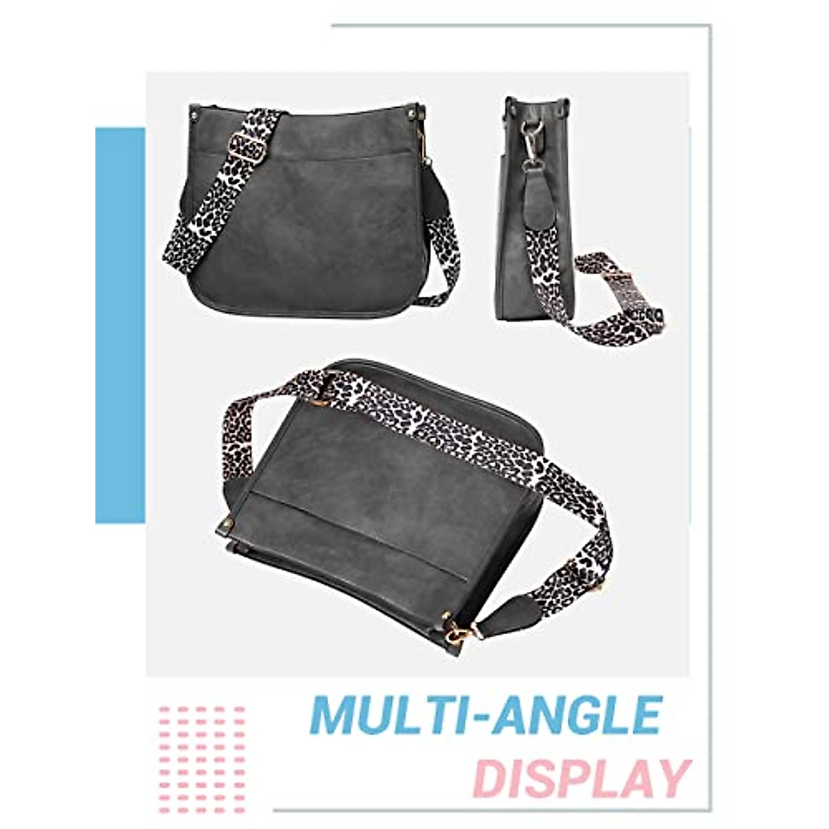 Crossbody Bags Purses Women Vegan Leather Leopard Guitar Strap Shoulder Bucket Handbags Designer Top Zipped Pockets Hobo Bags Gray