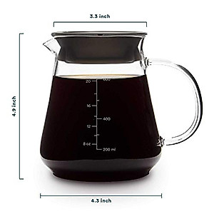 Glass Range Coffee Server For Pour Over Coffee & Tea - 600ml/20oz Ovalware Microwave Safe & Heatproof 2.5mm Thick Glass Body