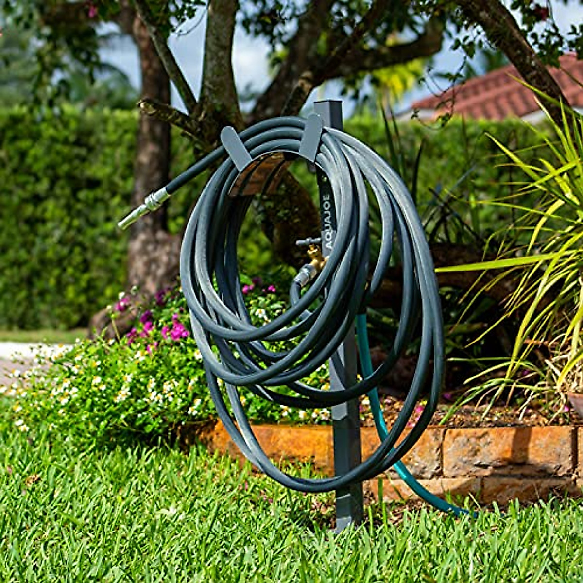 Aqua Joe SJ-SHSBB-GRY Steel Garden Hose Stand with Solid Brass Faucet, w/Quick Install Anchor Base