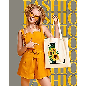AUSVKAI Canvas Tote Bag Aesthetic for Women, Cute Sunflower Initial Trendy Monogram Personalized Initial Birthday Reusable Cloth Cotton Bags with Handle for Grocery School Shopping Beach