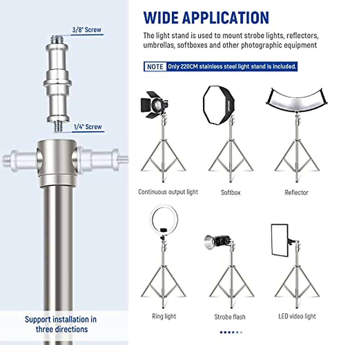 NEEWER 7.2ft/2.2m Stainless Steel Light Stand, Spring Cushioned Heavy Duty Photography Tripod Stand with 1/4” to 3/8” Universal Screw Adapter for Strobe,LED Video Light,Ring Light, Monolight, Softbox