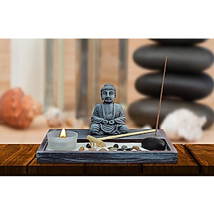 Zen Garden Deluxe Desk Meditation Garden Grey Buddha Statue with Rocks, Tea Light Holder, Rake, Incense and Incense Holder, Sand and Base - Peace & Tranquility (Candle Not Included)