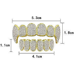 canjoyn 18K Gold Plated All Iced Out Luxury Cubic Zirconia Face Diamond Gold Teeth Grillz Set with Molding Bars Included for Men Women