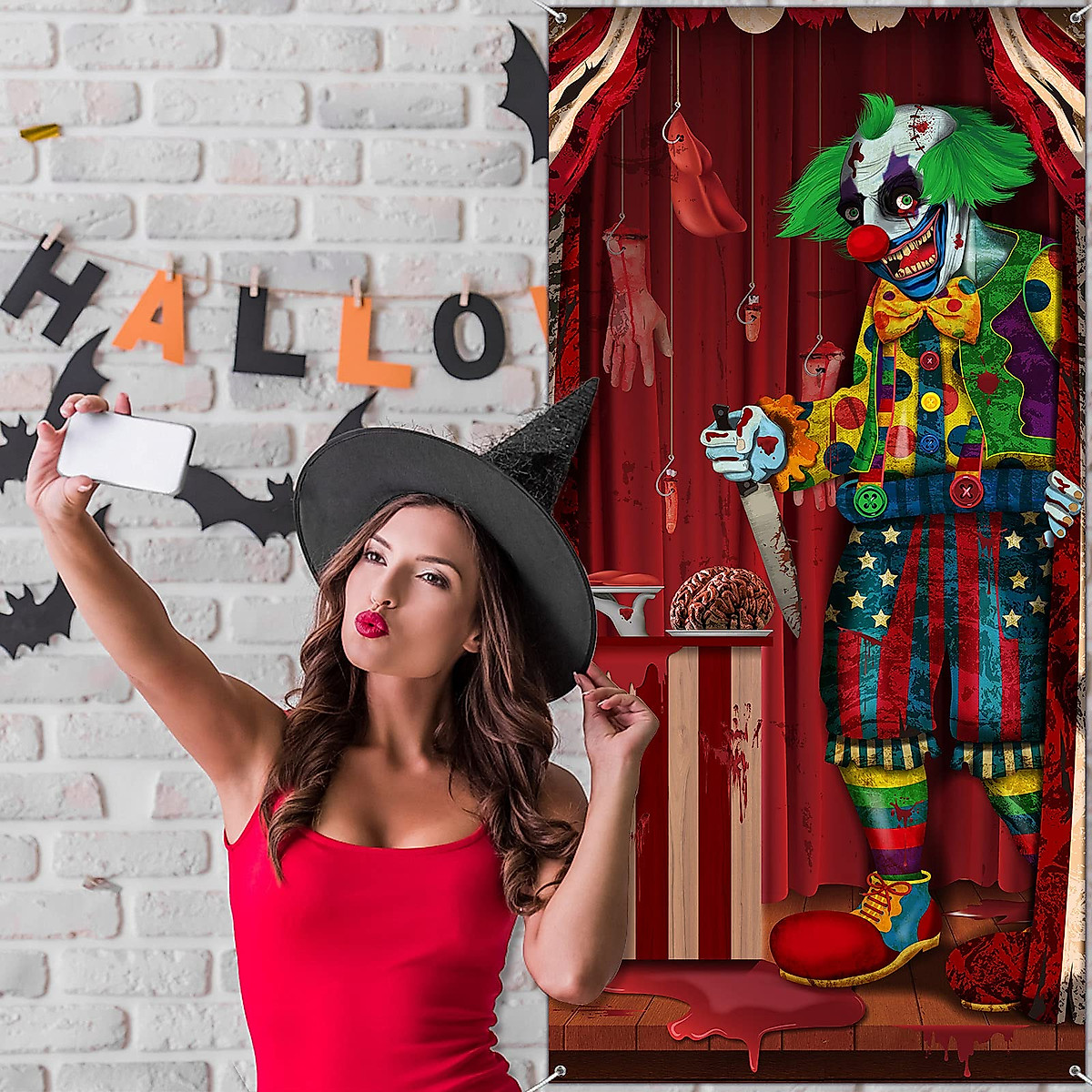 Halloween Decorations Large Evil Clown Door Cover Fabric Halloween Door Banner Backdrop Background Clown Theme Front Door Cover for Halloween Party Haunted House Photo Props Supplies, 70.9 x 35.4 Inch
