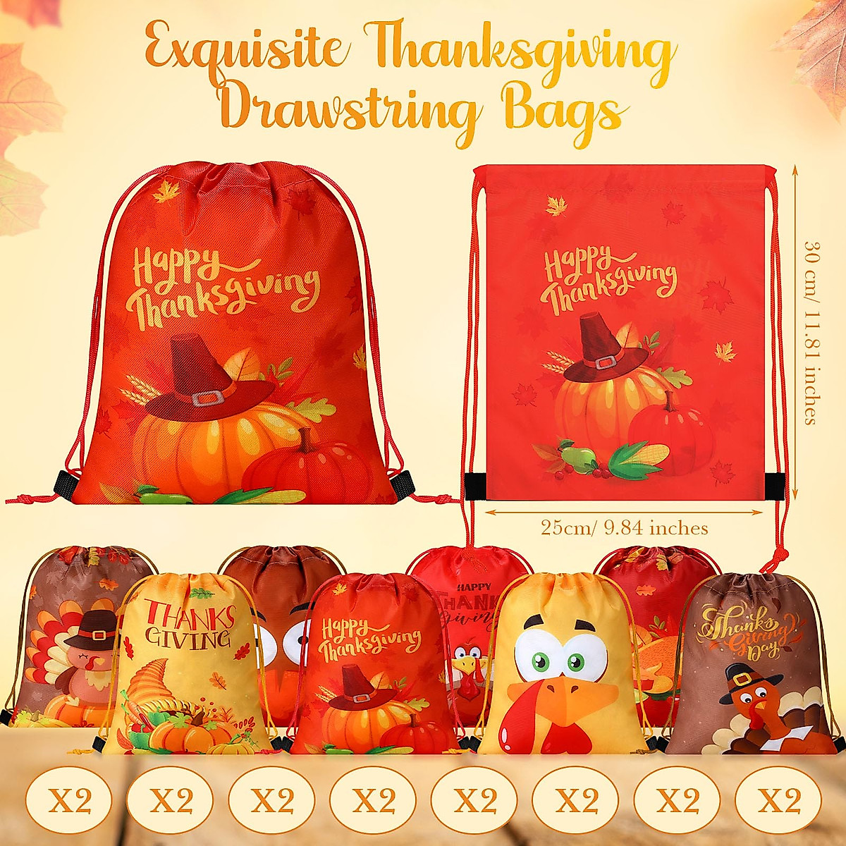 Paterr 16 Pcs Fall Favor Bags Bulk Thanksgiving Drawstring Bags Maple Leaf Carnival Candy Bags Pumpkin Gift Bags Autumn Goodie Treat Bags for Classroom Harvest Fall Birthday Party Decor,10 x 12 Inch