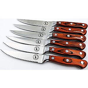 Steak Knife Set in Gift Box 6 Full Tang High Carbon Stainless Steel Micro Serrated Knives Classic Dark Brown Ergonomic Pakkawood Handles Luxury Beech Wood Case Premium Deluxe Birthday Gift Idea