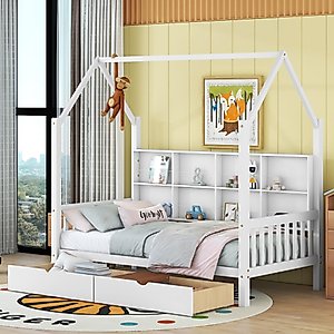 Bellemave Full House Bed with Storage Drawers, Full Size Kids Montessori House Bed with Shelves, Wood Tent Cabin Beds Frame for Girls Boys Teens, White