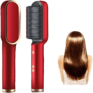 FAHXNVB Hair Straightener Brush, Negative Ion Hair Straightener Styling Comb with 5 Temp, 2 in 1 Hair Straightener&Curler Brush, Electric Straightening Hot Comb Heated Hair Brush Fast Heating (Red)