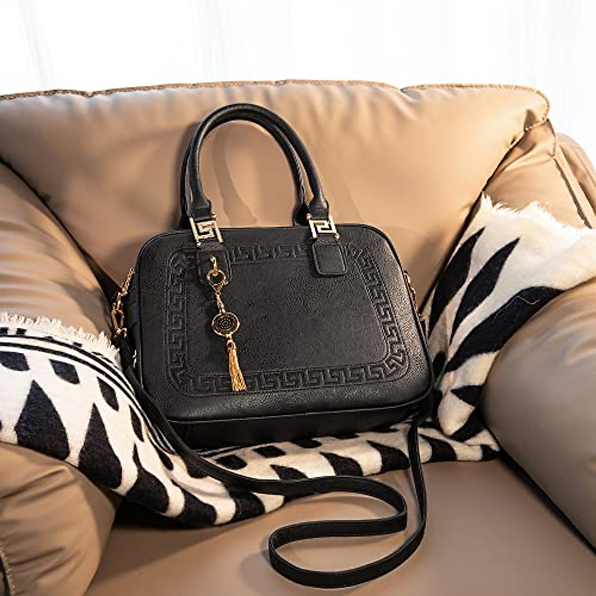 Montana West Satchel Bags for Women Tassel Top Handle Handbags Barrel Purses with Crossbody Strap Black MWC-041BK