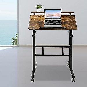 LOHISHILO Mobile Stand Up Desk Adjustable Laptop Desk with Wheels Storage Rolling Table Cart for Standing or Sitting, for Home Office Workstation, Iron-Brown, 27.5-45.3in