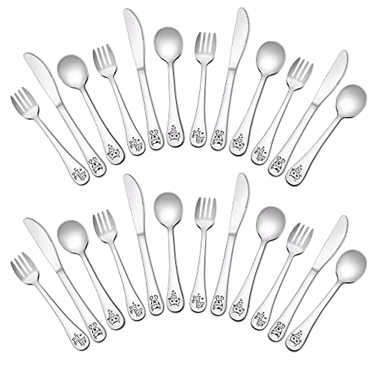 TeamFar Toddler Utensils 24 Piece, Stainless Steel Kids Utensils Cutlery Silverware Set, Includes 8 Forks, 8 Knives, 8 Spoons, Healthy, Cute Animal Print & Dishwasher Safe