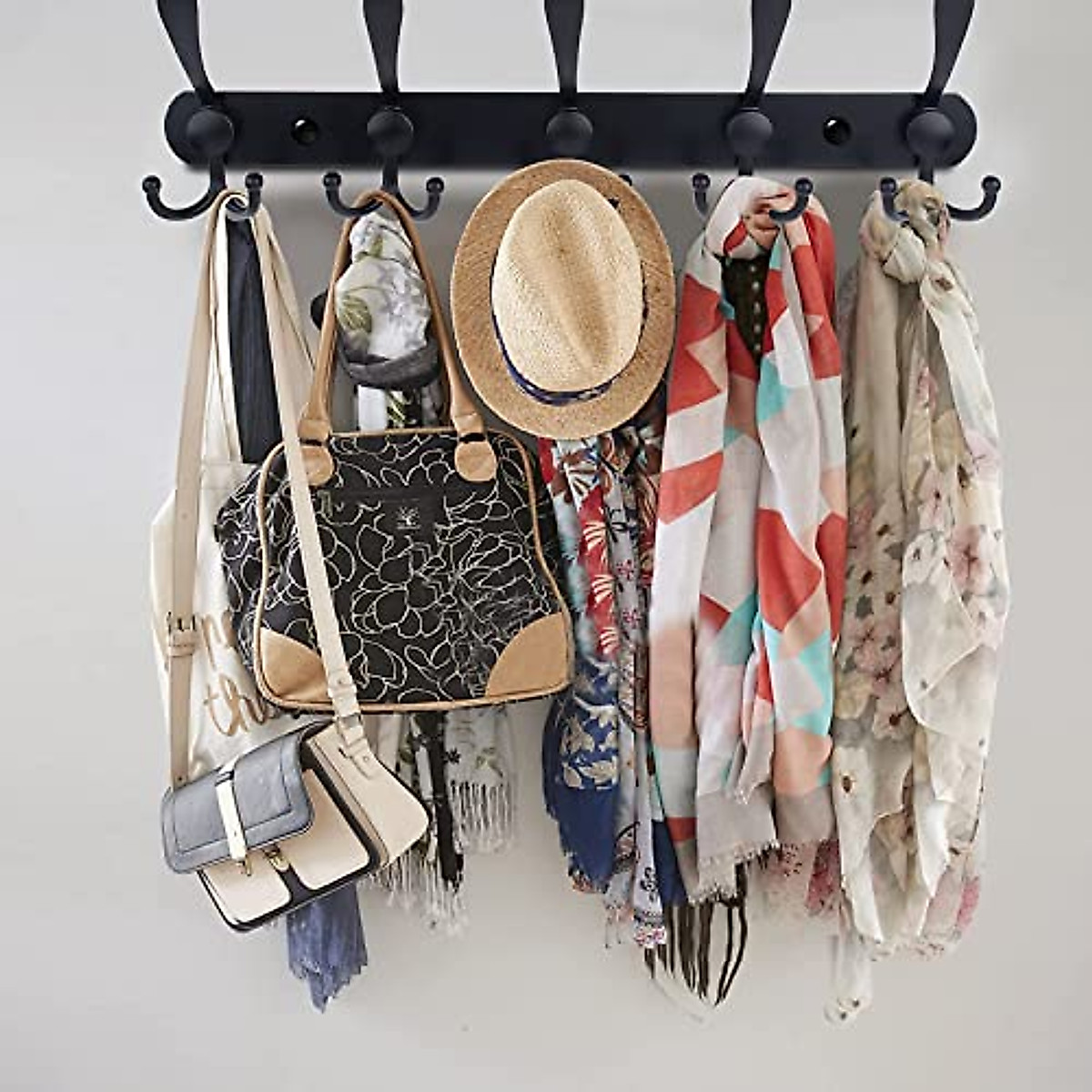 Qihtldsy Coat Rack Wall Mount, Stainless Steel Coat Hooks, 5 Tri Hooks, Heavy Duty Hook Rail for Coat Hat Towel Bag Purse Robes Bedroom Kitchen Bathroom Entryway (Black, 2 Packs)