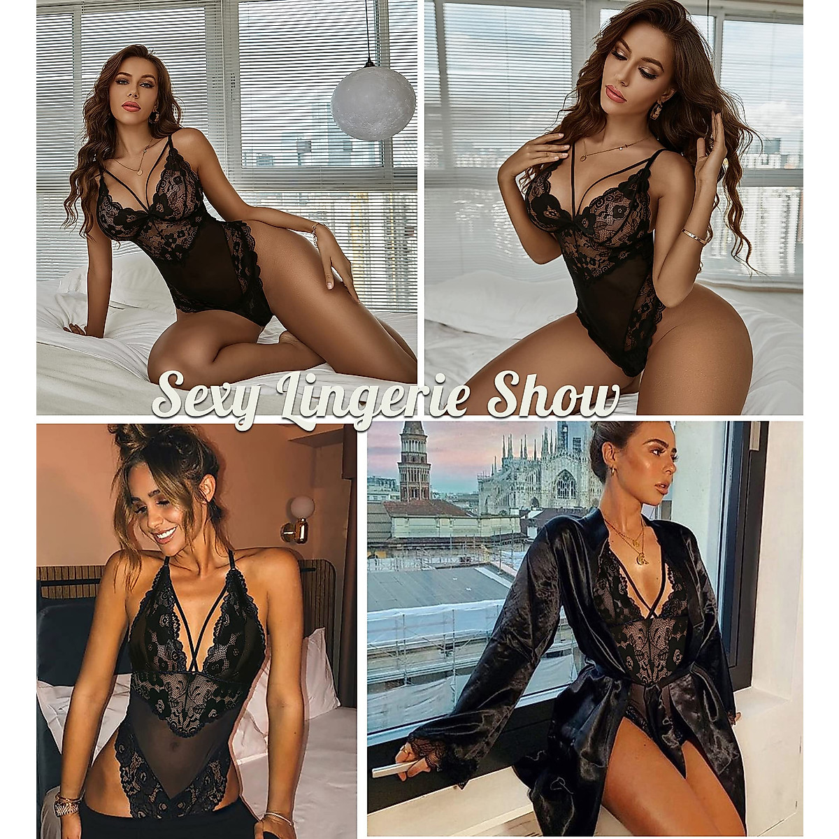 Avidlove Sexy Lingerie for Women Lingerie Bodysuit Lace Teddy Strappy Lingerie V Neck One Piece Boudoir Outfits(Black,M)