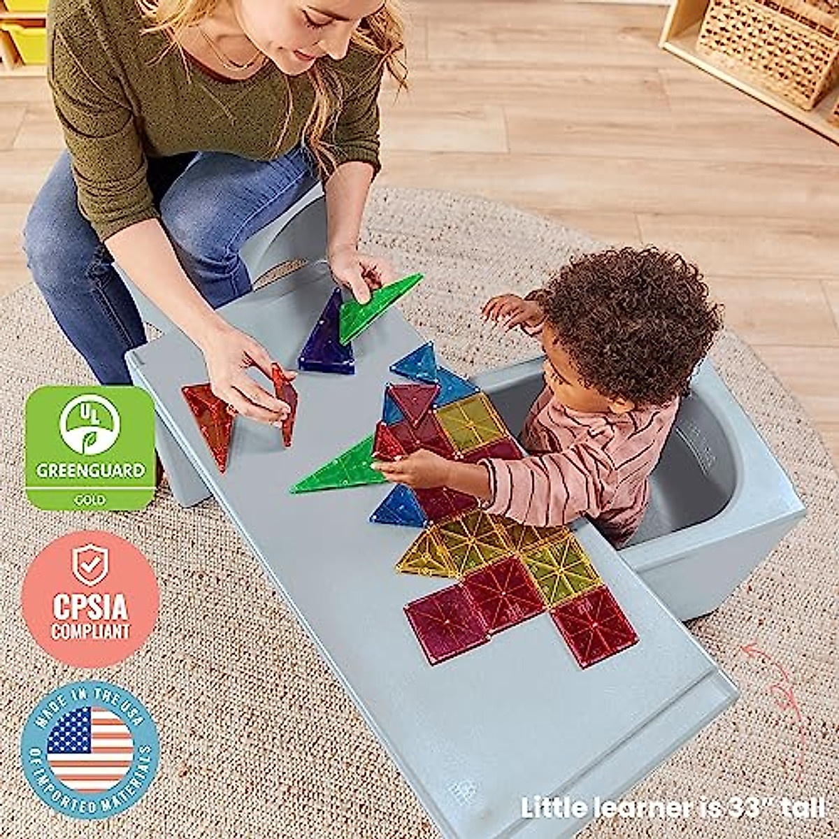 ECR4Kids Table and Chairs Tri-Me Multipurpose 3-Piece Set, Light Grey