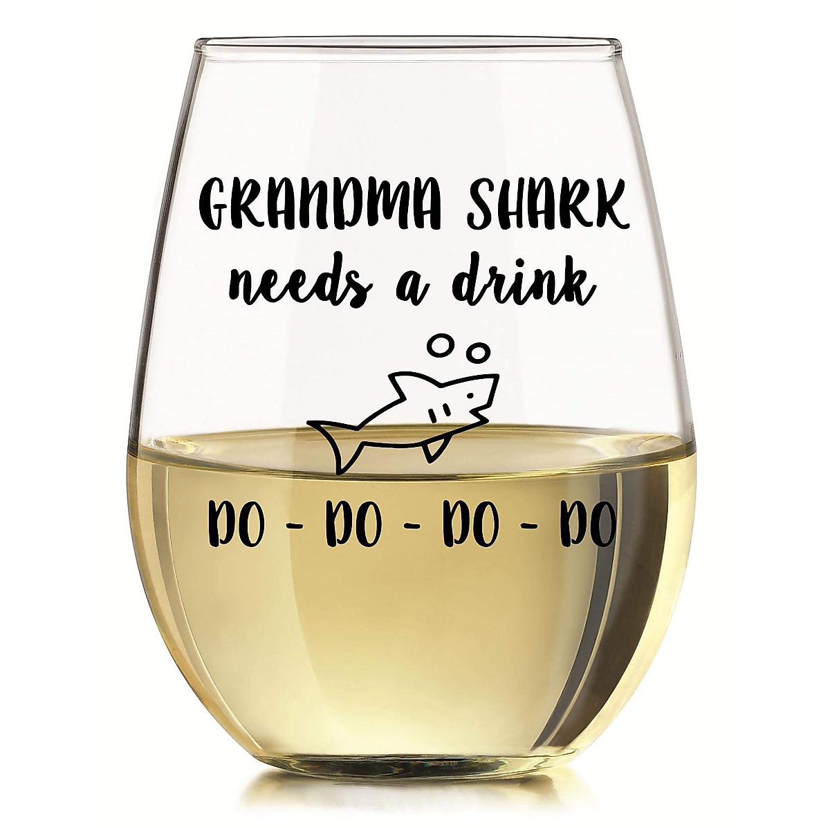 Grandma & Grandpa Shark Needs a Drink Do Do Do Do Funny Novelty Stemless Wine Glass with Sayings - Gifts for Grandparents - Birthday, Christmas, Mothers Day, Father's Day Gifts - 2 Pack (15oz)