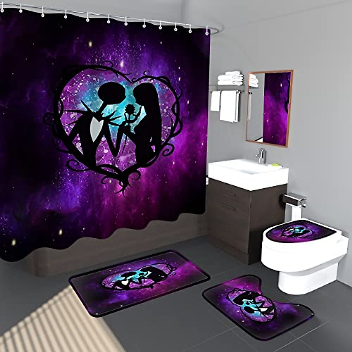 4 Pcs Shower Curtain Set with Non-Slip Rugs,Toilet Lid Cover and Bath Mat,Christmas Shower Curtain with 12 Hooks