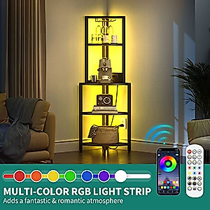 YITAHOME Corner Shelf with Power Outlets & LED Lights & Glass Holder, 5 Tier Corner Bar Rack, Corner Bookshelf Bookcase Display Shelves for Living Room, Dining Room, Kitchen, Black