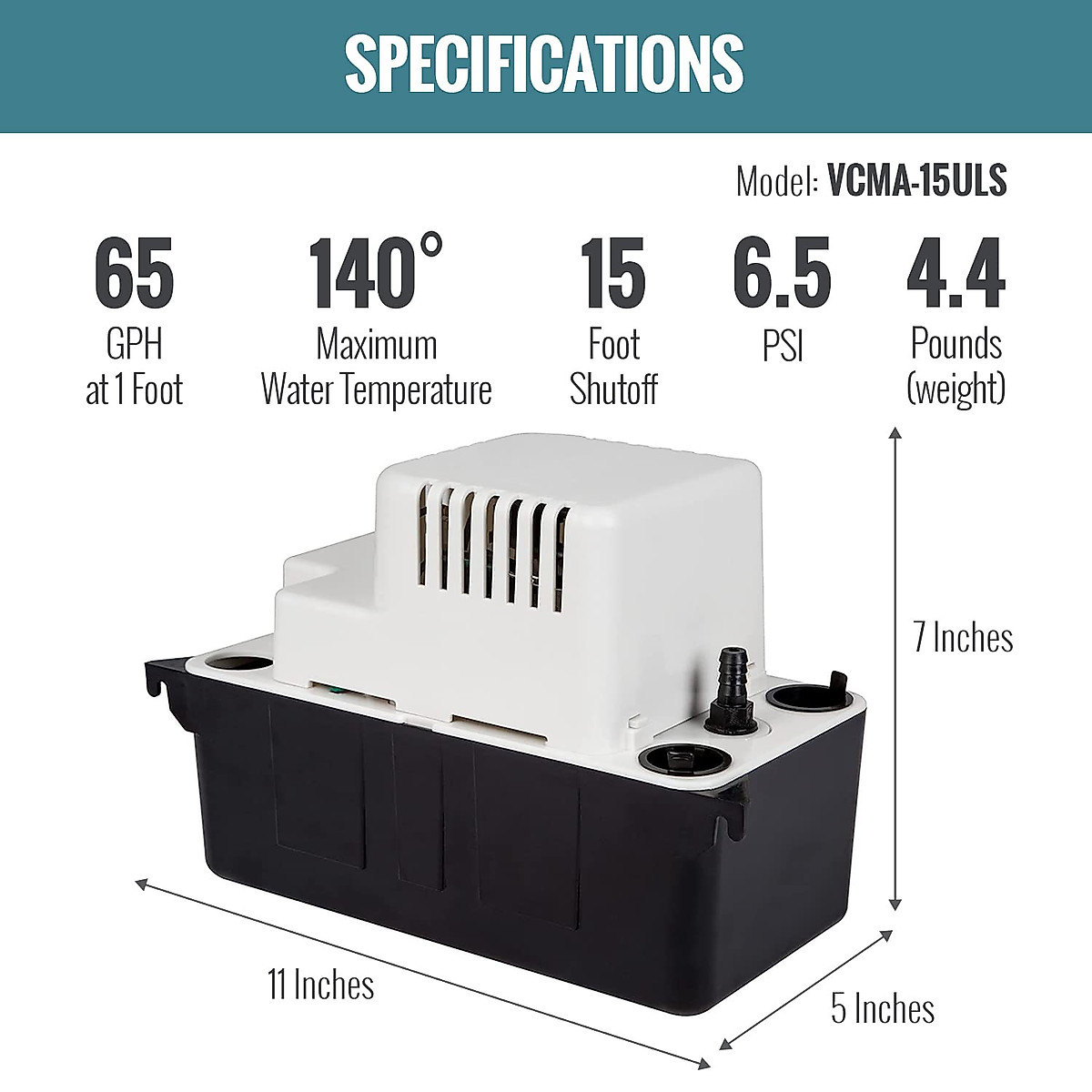 Little Giant VCMA-15ULS 115 Volt, 65 GPH, 1/50 HP Automatic Condensate Removal Pump with Safety Switch, White/Black, 554405