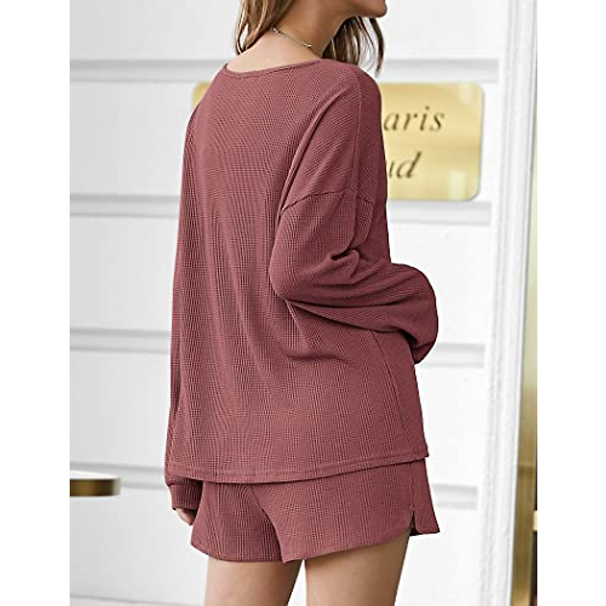 Ekouaer Womens Waffle Knit Long Sleeve Top and Shorts Loungewear Thick Pajama Set, A-rose Red, Large