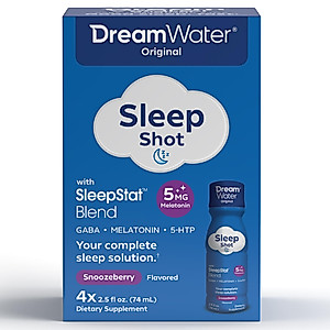 Dream Water Sleep Aid Supplement Drink; Melatonin 5mg, GABA, 5-HTP; Zero Sugar, Natural Flavors, No Added Colors, 2.5 oz Liquid Sleep Shots, Snoozeberry, 4-Count